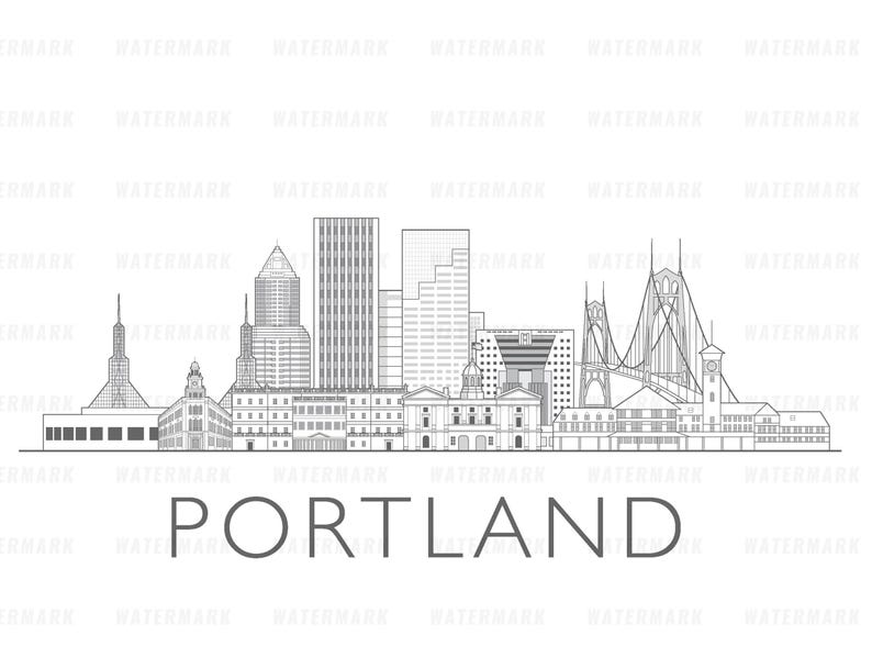 Portland, Oregon, Cityscape Illustration Digital File Black and White ...