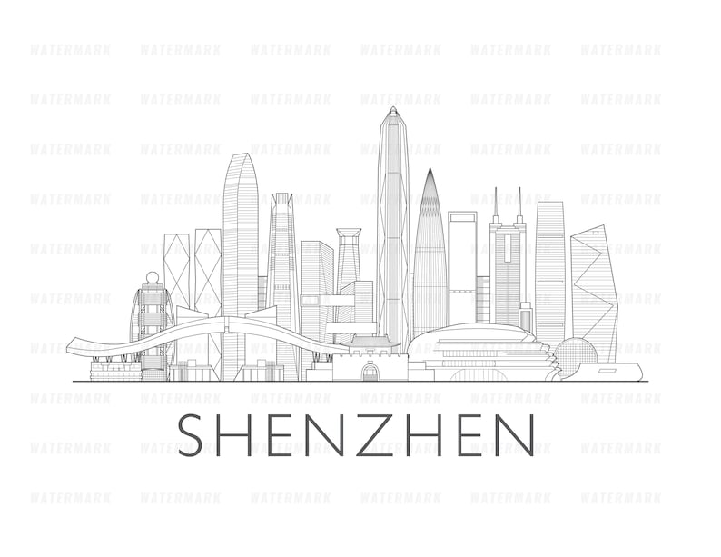 Shenzhen, China, Skyline Cityscape Illustration Digital File B&W - Etsy