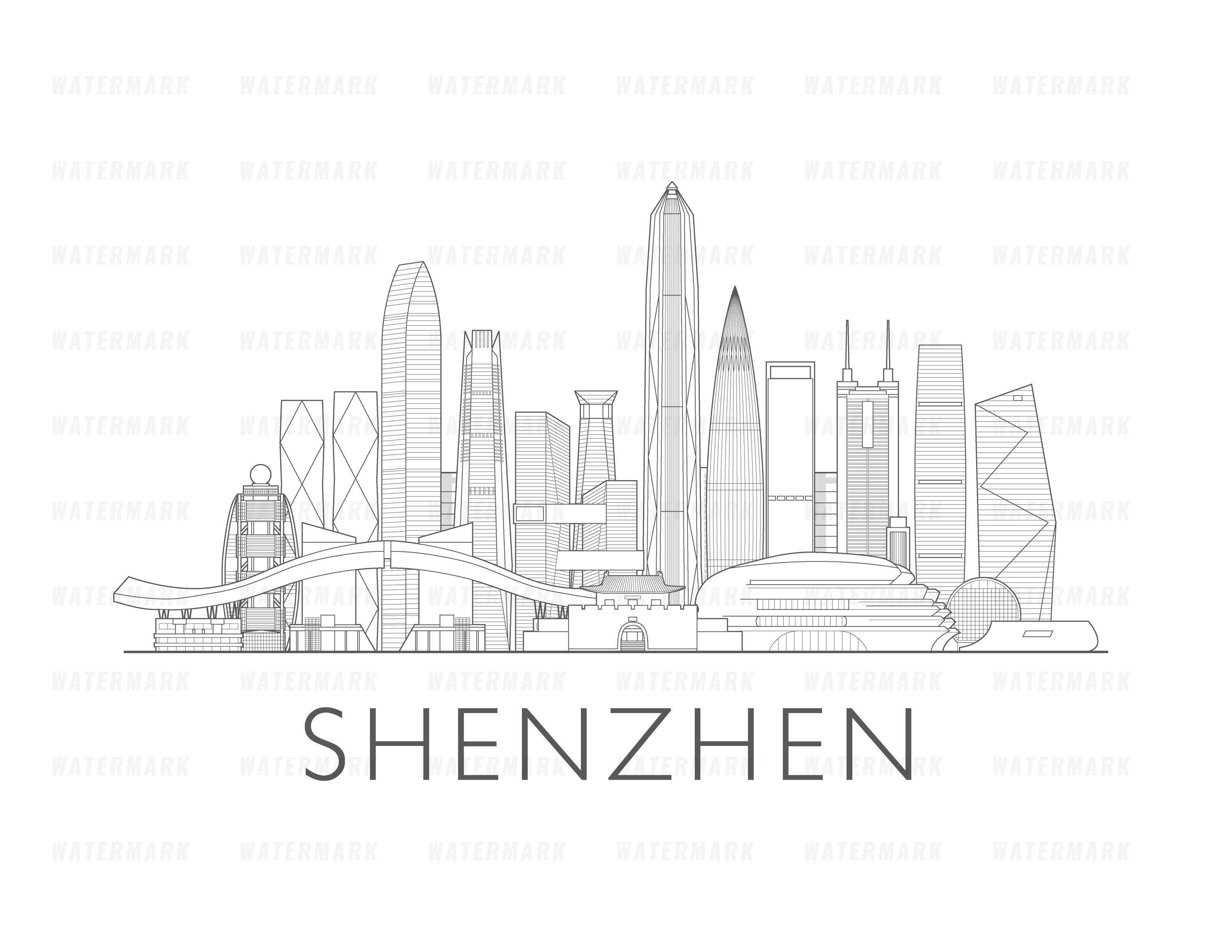 Shenzhen, China, Skyline Cityscape Illustration Digital File B&W - Etsy