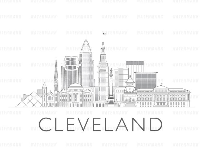 Cleveland City Skyline Cityscape Illustration Digital File Black and ...
