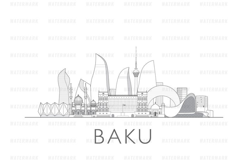 Baku City Skyline Cityscape Illustration Digital File Black and White ...