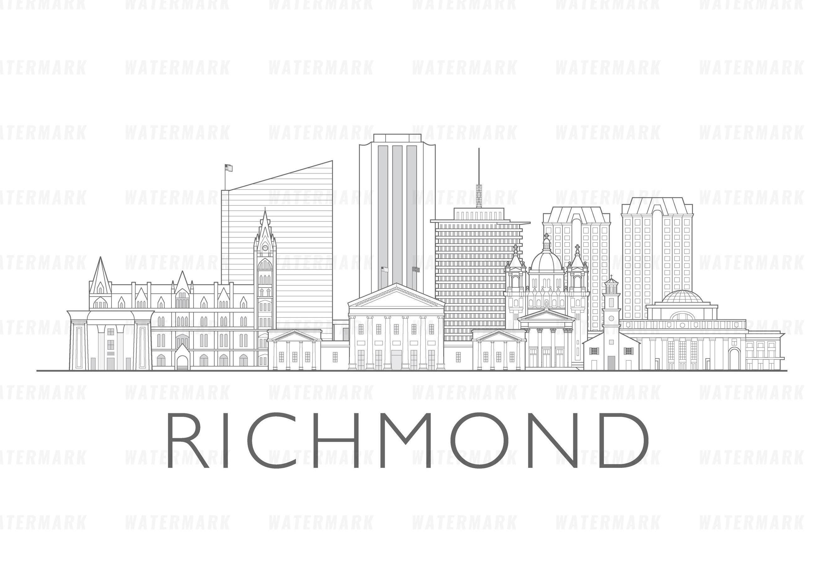Richmond, Virginia, USA, Skyline Cityscape Illustration Digital File B ...