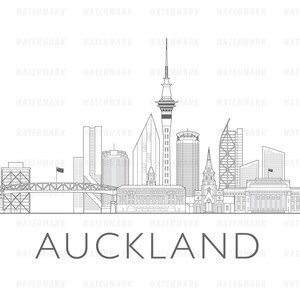 Auckland, New Zealand, Skyline Cityscape Illustration Digital File B&W ...