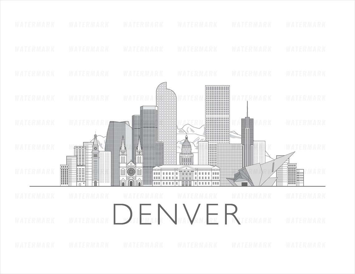 Denver Skyline Cityscape Illustration Digital File Black and White - Etsy