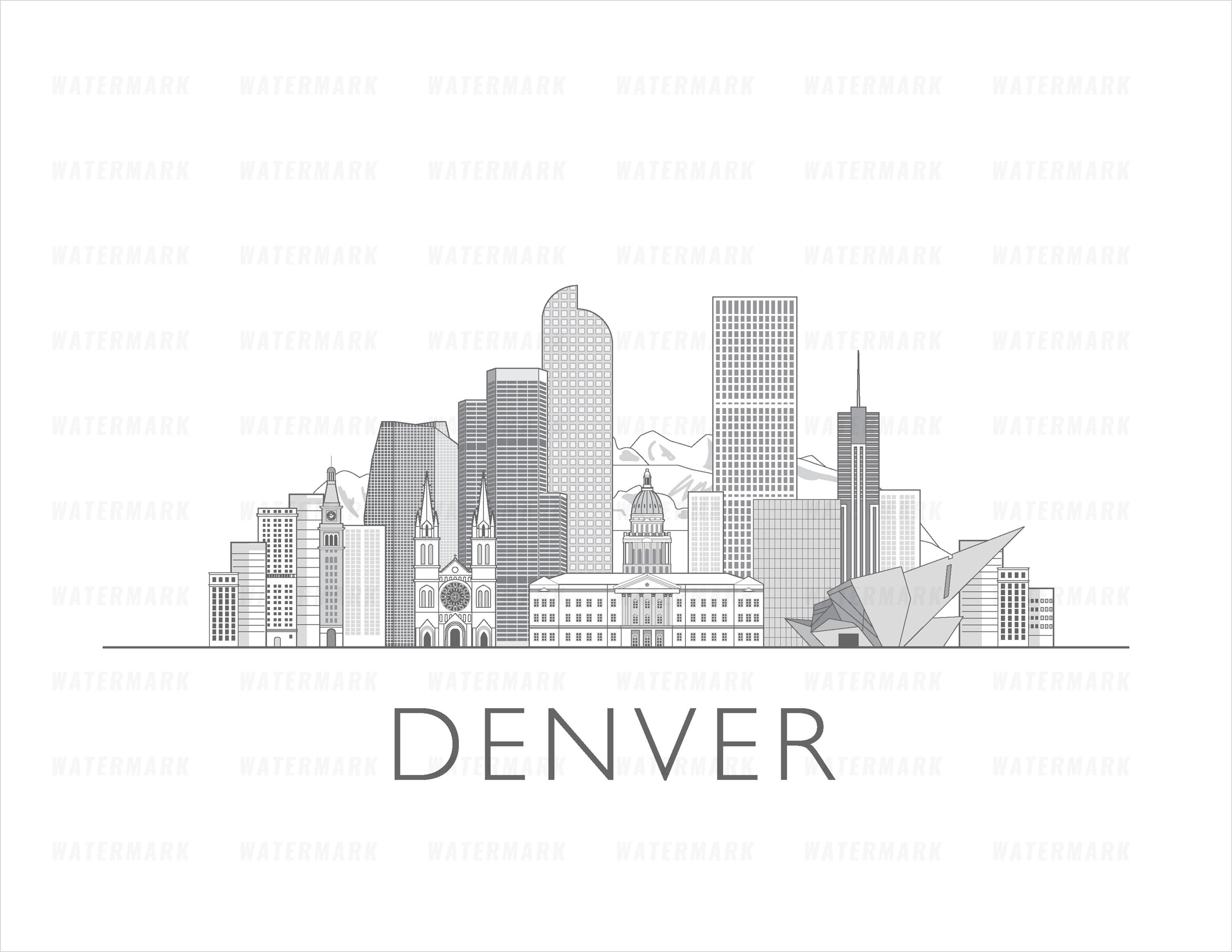 Denver Skyline Cityscape Illustration Digital File Black and White - Etsy