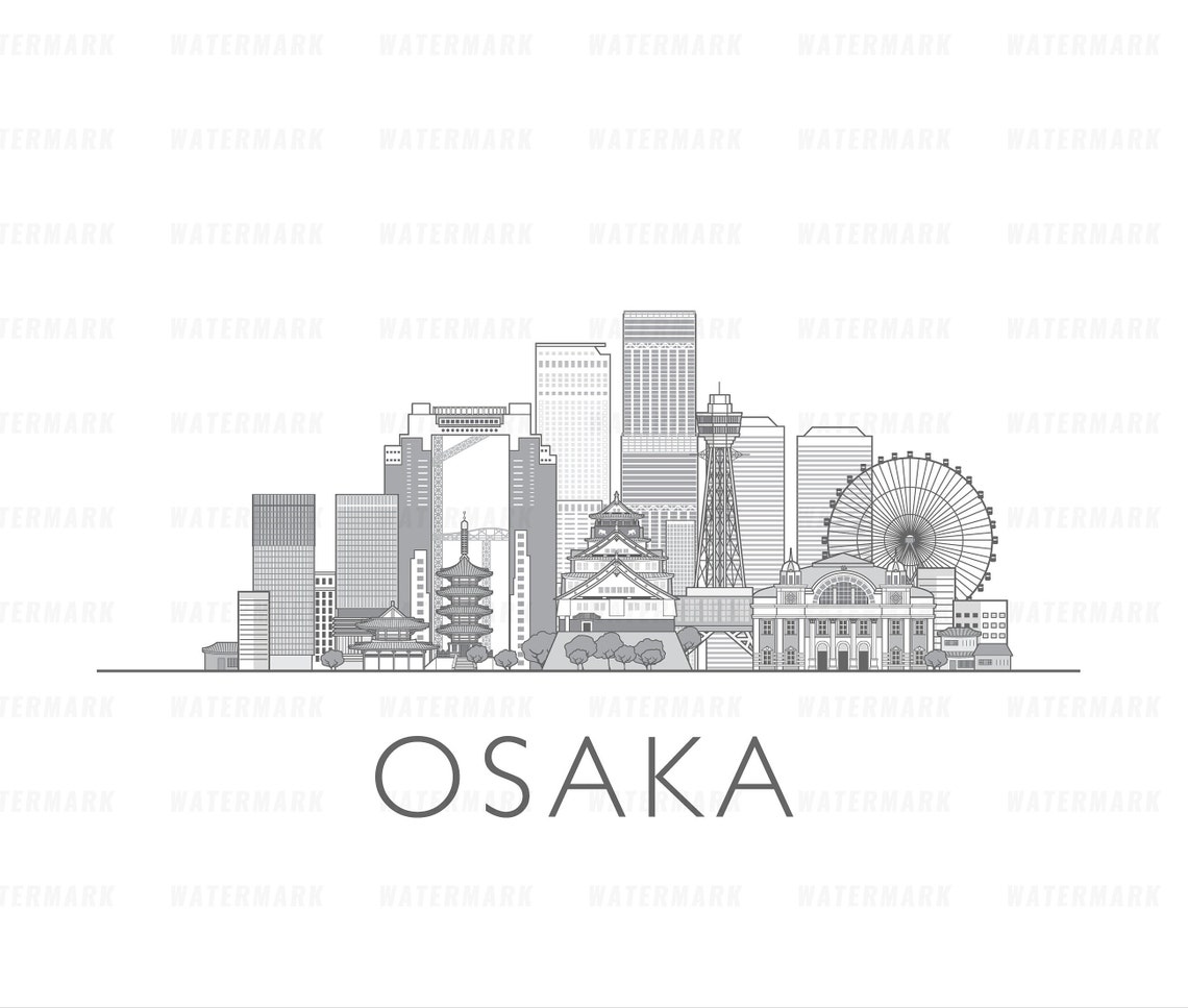 Osaka, Japan, Cityscape Illustration Digital File Black and White - Etsy