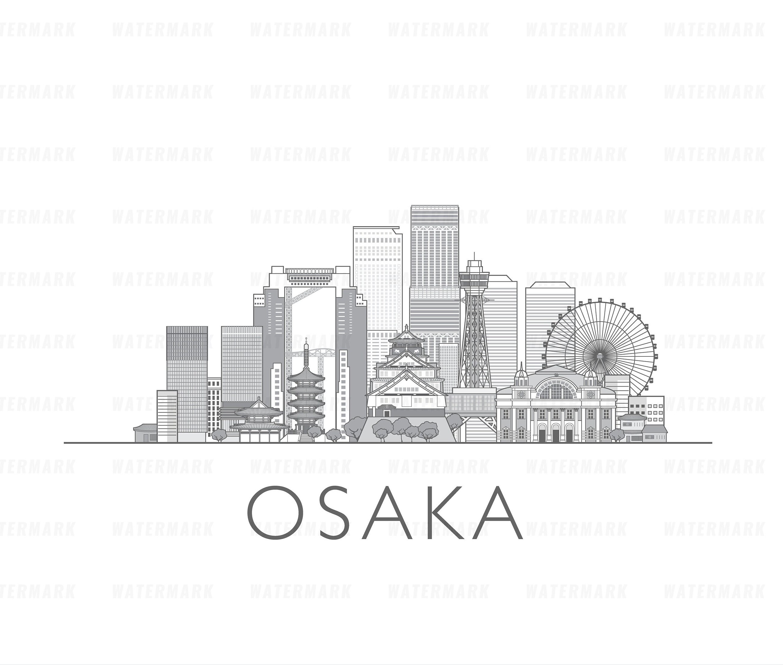 Osaka, Japan, Cityscape Illustration Digital File Black and White - Etsy