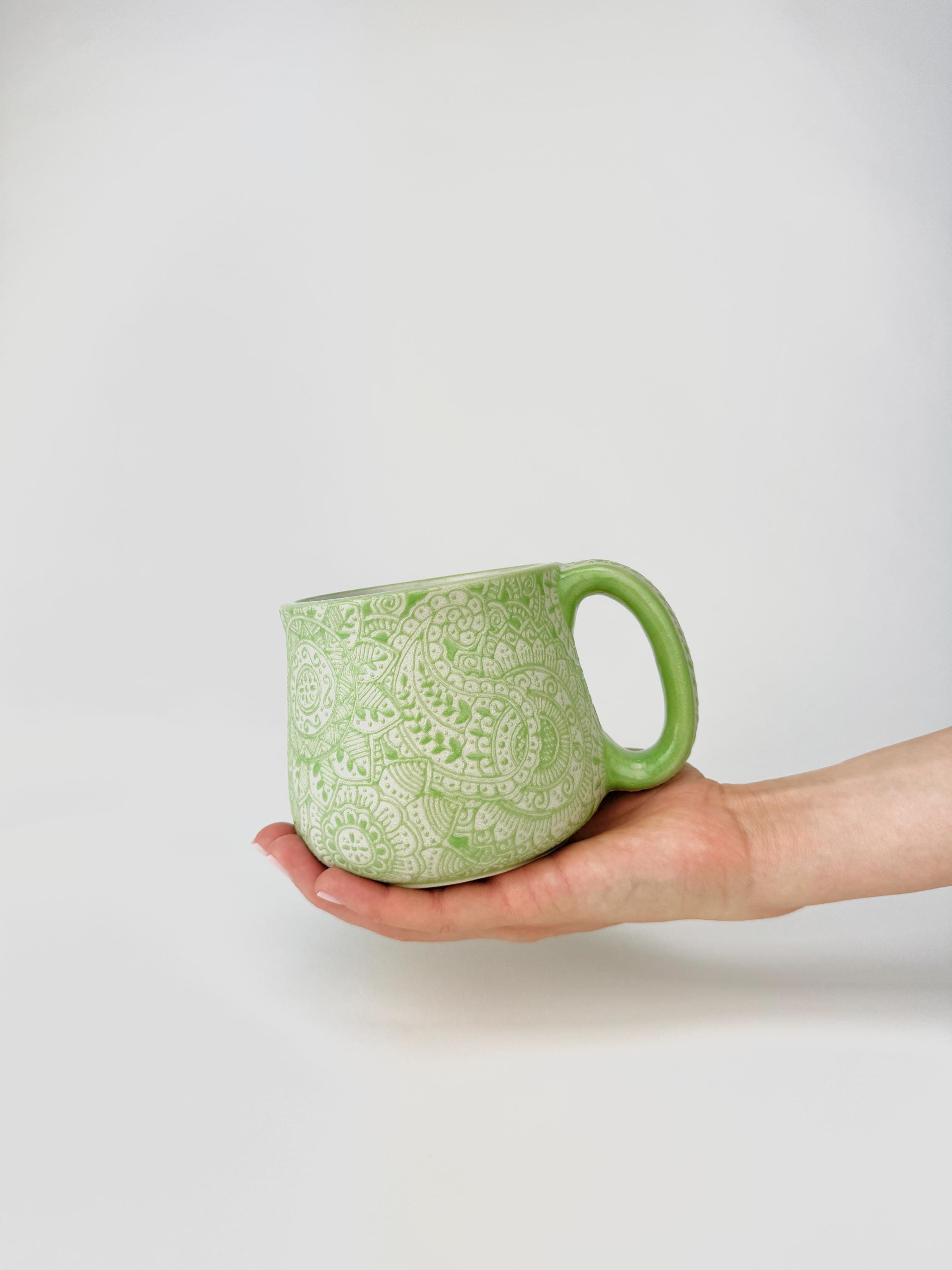 Light Green Porron 18oz Textured Ceramic Mug - Hand Painted Mug ...