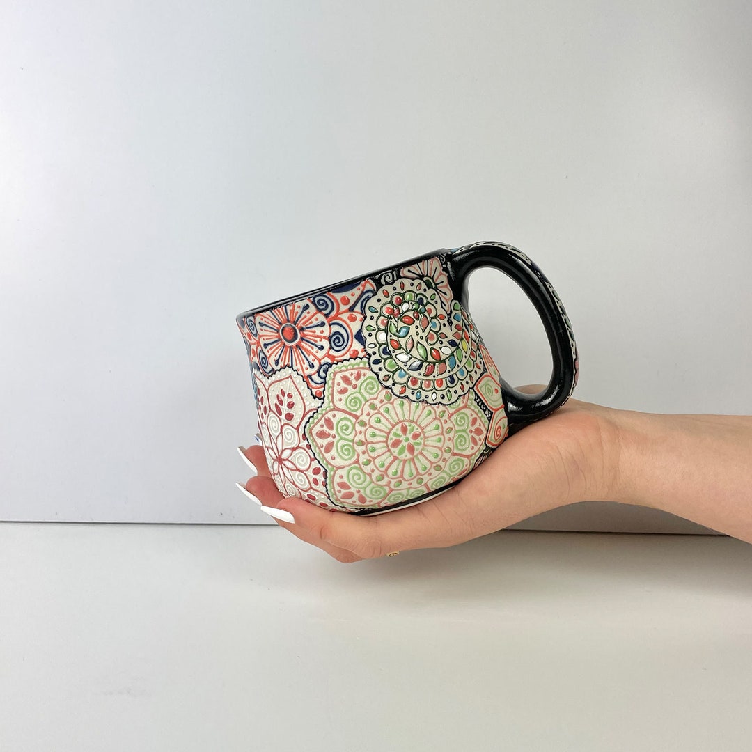 Multi Color Porron 18oz Textured Ceramic Mug - Hand Painted Mug ...