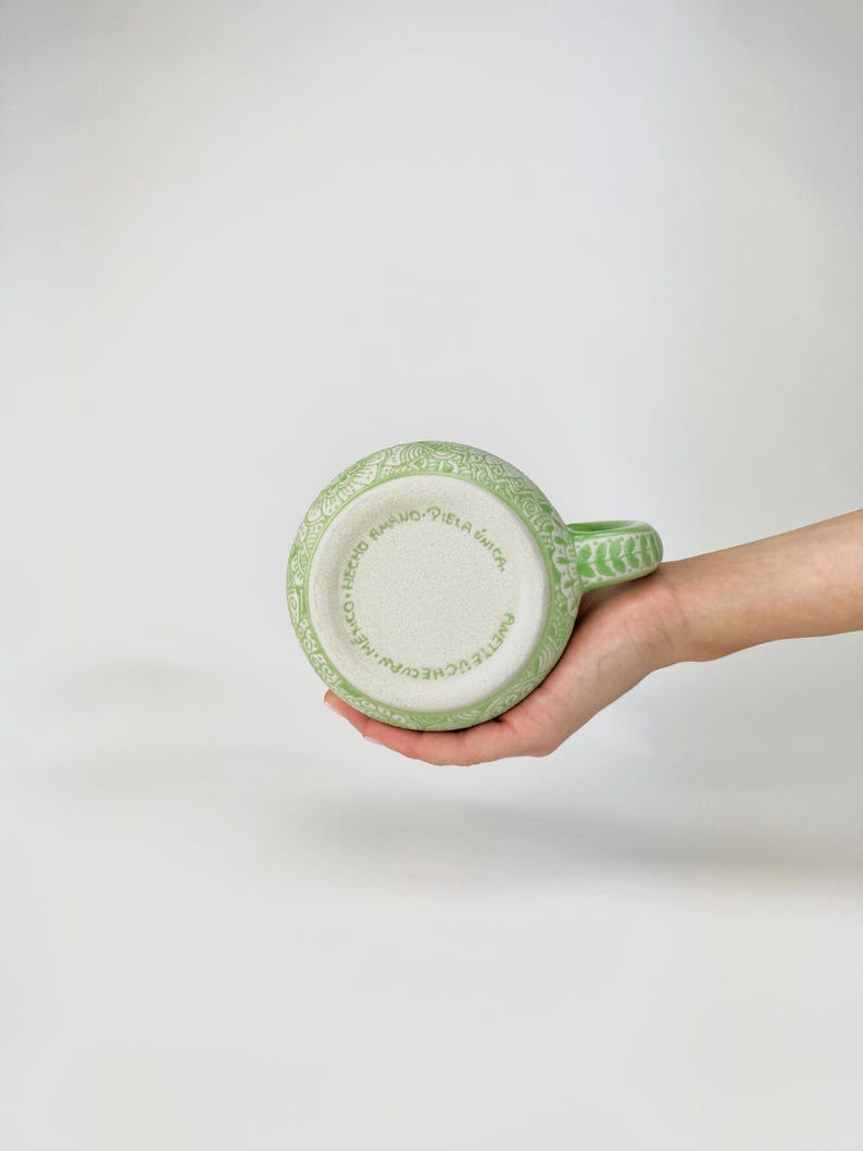 Light Green Porron 18oz Textured Ceramic Mug - Hand Painted Mug ...