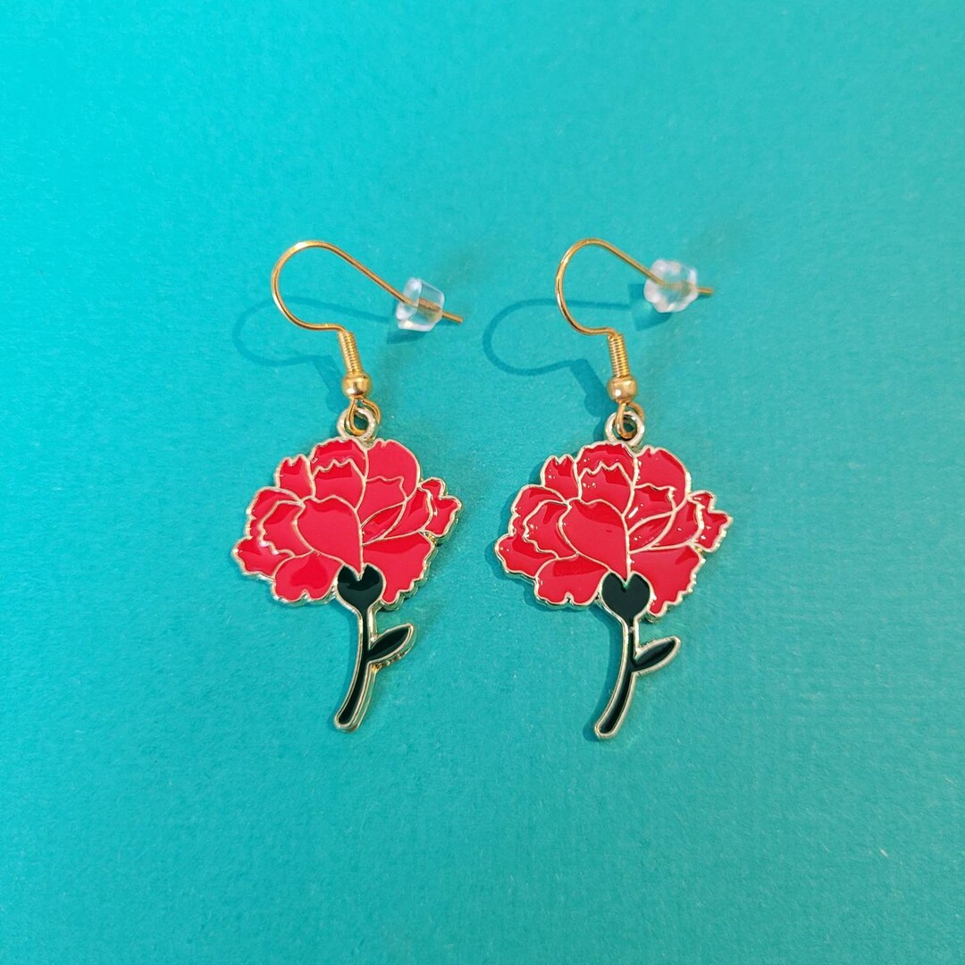 Red Carnation Flower Earrings Brass Enamel Charms - Etsy