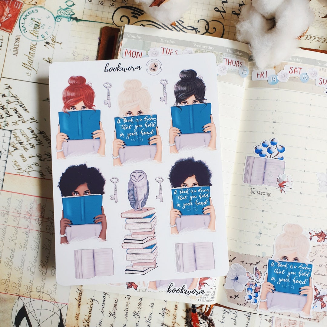 Bookworm Stickers/reading Stickers/ Matt Vinyl Sticker Sheet/ Planner ...
