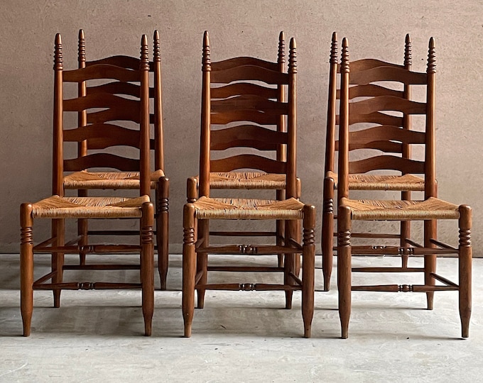 Six Antique Spindle Oak Ladder Back Rush Chairs - Etsy