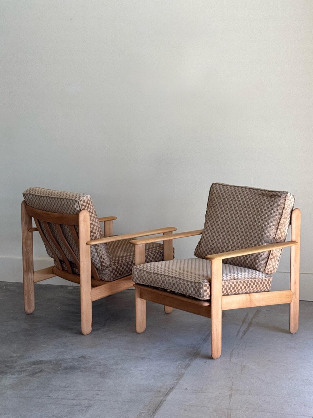 Mid Century Oak Arm Chairs With New Checkered Velvet - Etsy