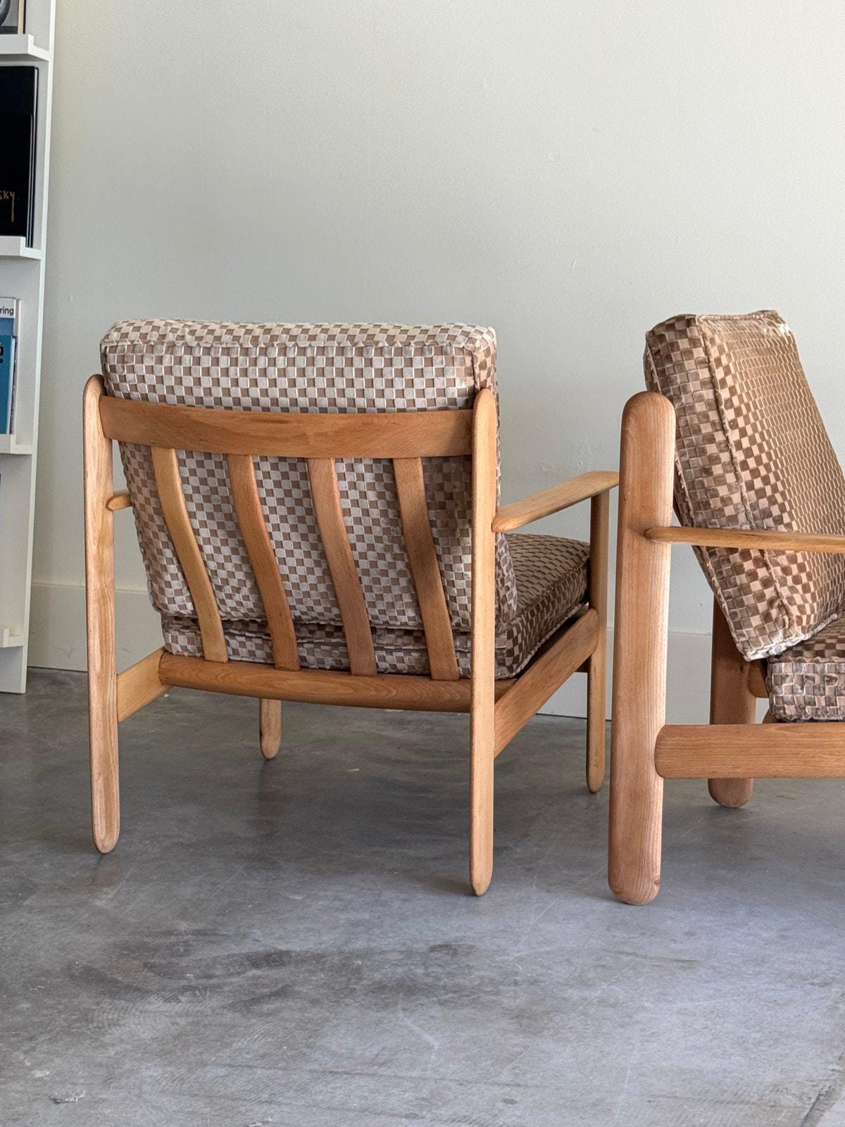 Mid Century Oak Arm Chairs With New Checkered Velvet - Etsy