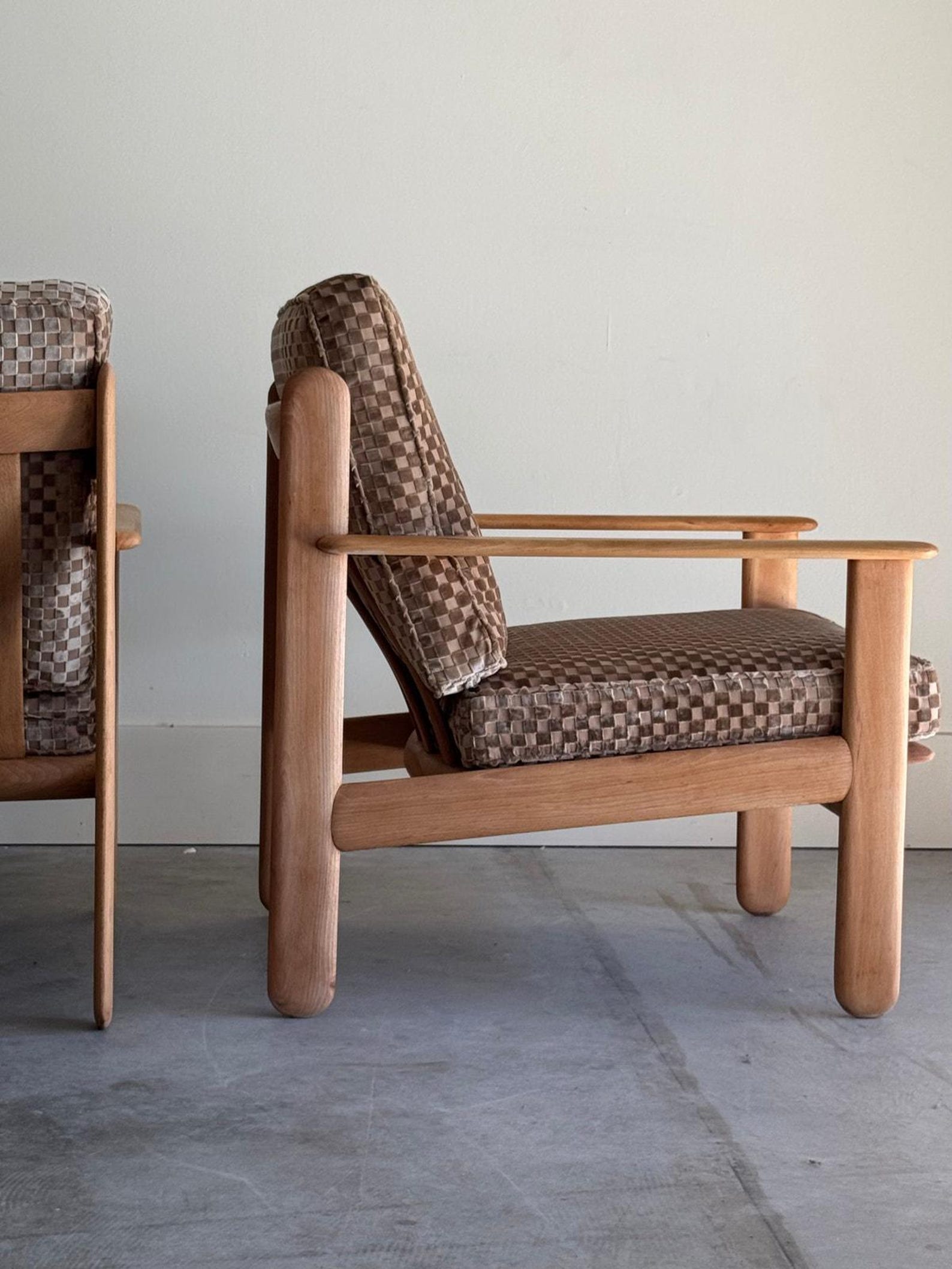Mid Century Oak Arm Chairs With New Checkered Velvet - Etsy