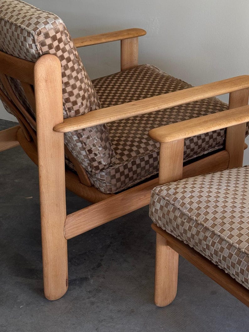 Mid Century Oak Arm Chairs With New Checkered Velvet - Etsy