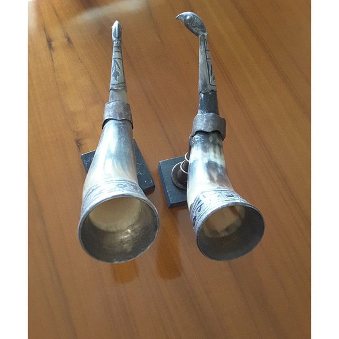 Pair of Antique Bull Horn Cups - With Silver Ornament on Horns on ...