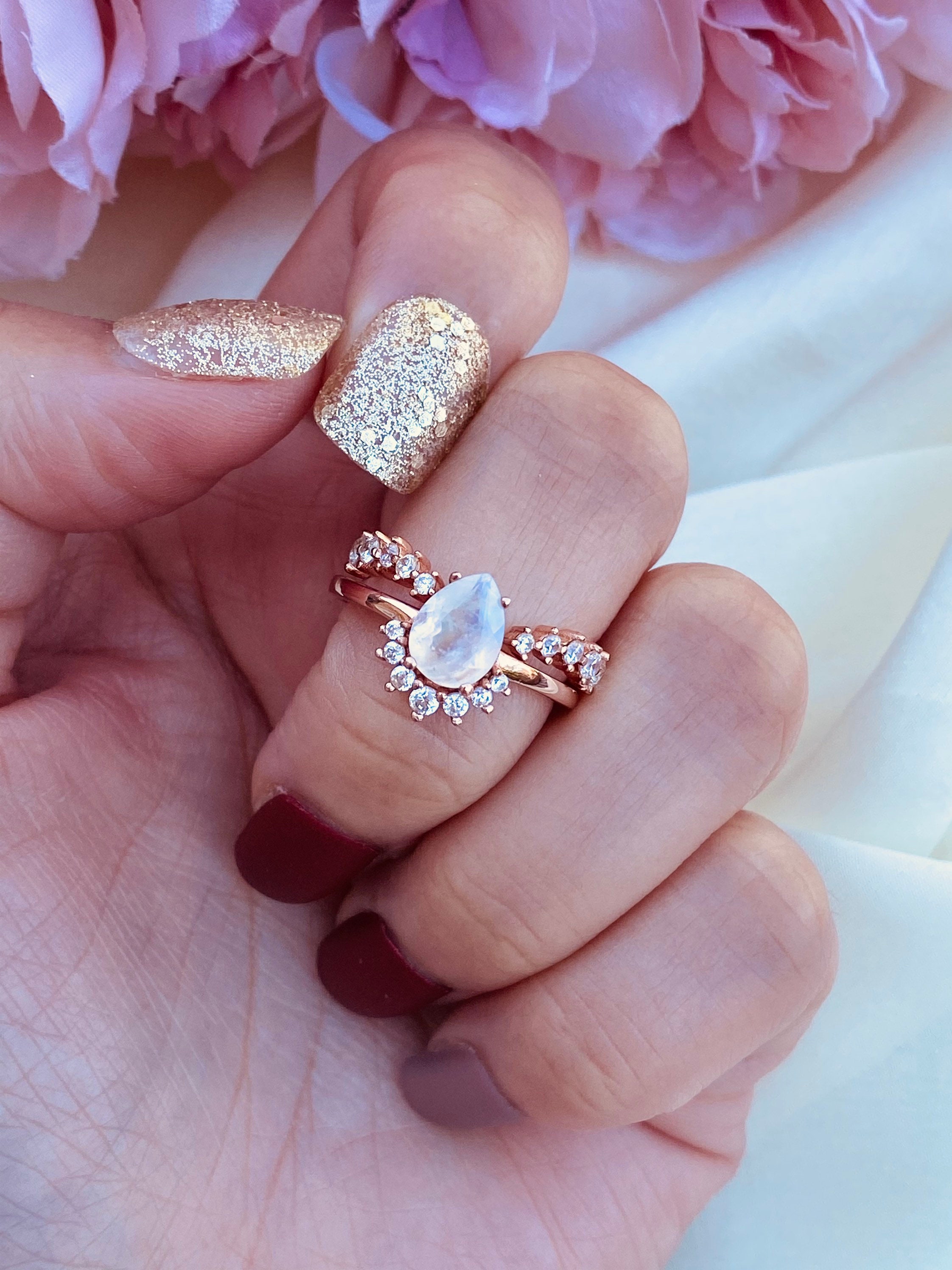 Intention Moonstone Ring Set Promise Ring Stacking Ring - Etsy