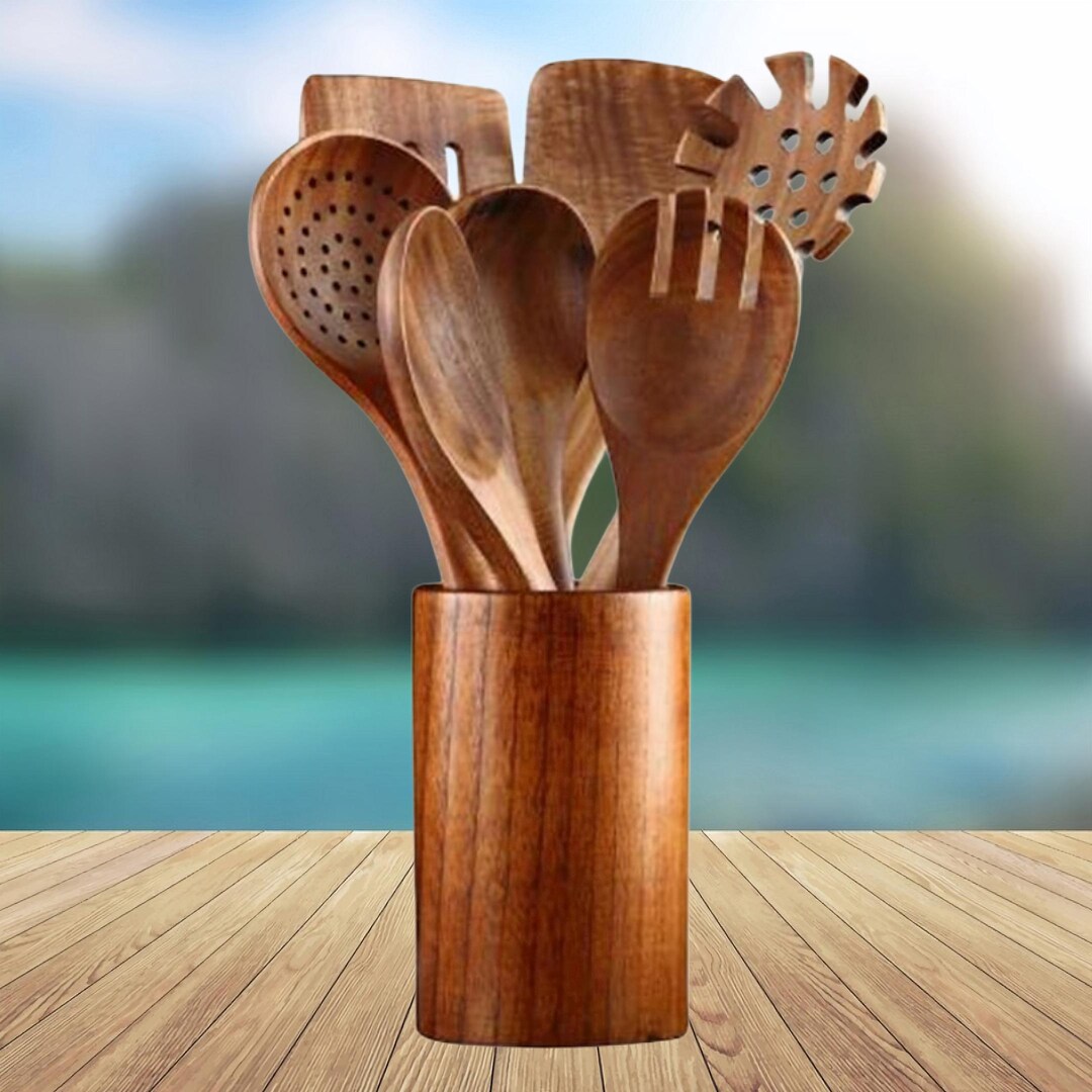 Wooden Utensil Set, 7 Piece Kitchen Utensil Set, Teak Wood Cooking Set ...
