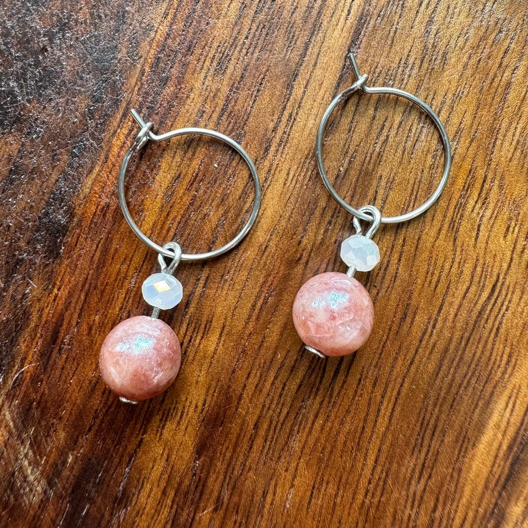 Rose Sunstone and Iridescent White Beaded Thin Stainless Steel Hoop ...