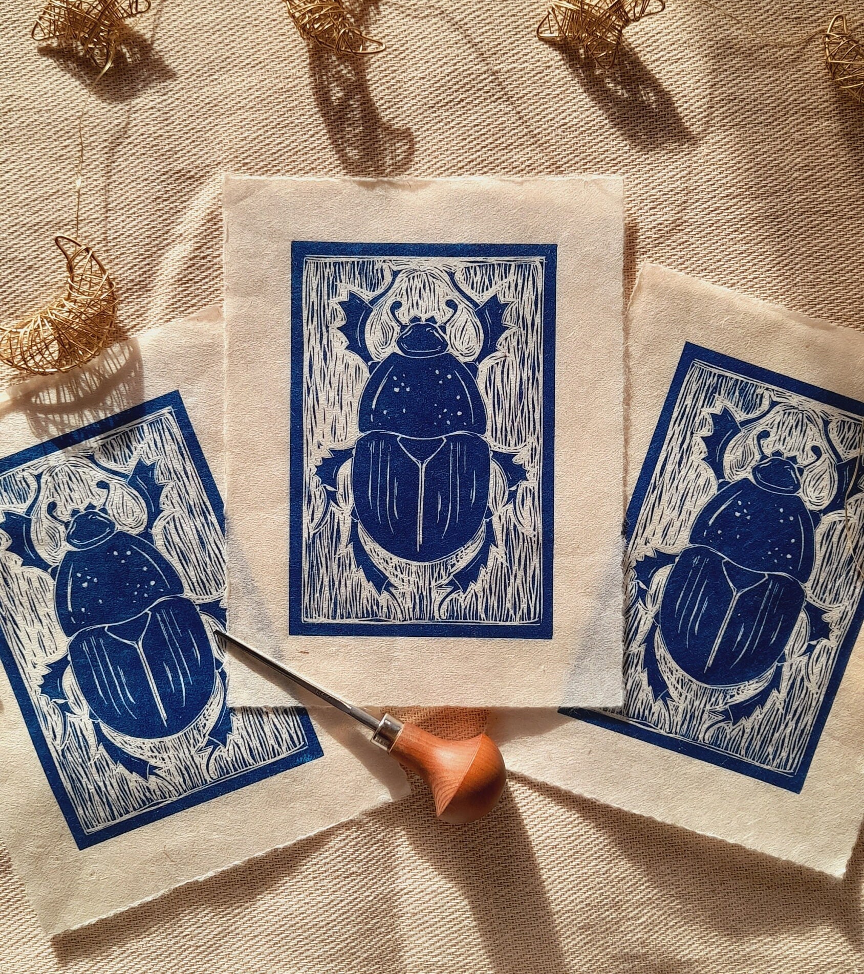 SCARAB Beetle/original Linocut Print/insect Art/egyptian Scarab/blue - Etsy