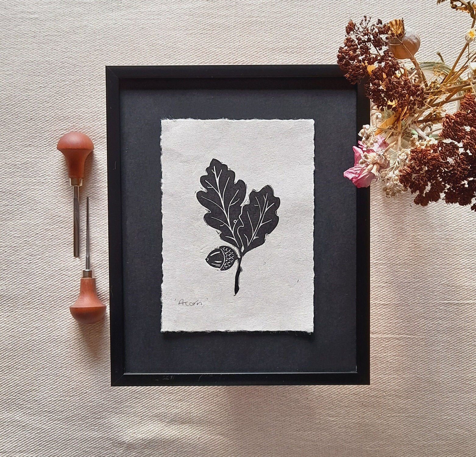 ACORN Print/original Linocut/botanical Art Print/oak and Acorn - Etsy
