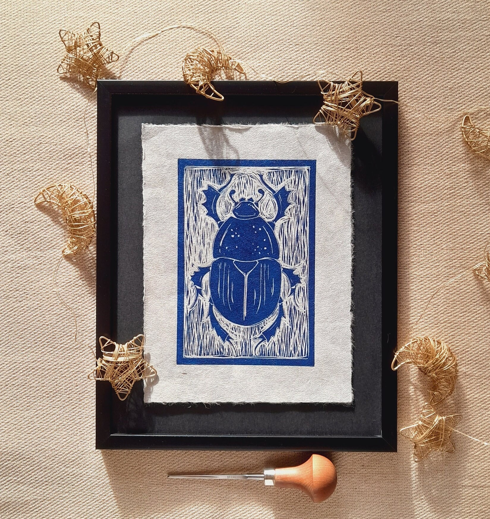 SCARAB Beetle/original Linocut Print/insect Art/egyptian Scarab/blue - Etsy