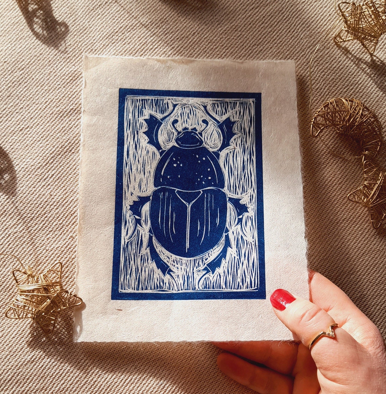 SCARAB Beetle/original Linocut Print/insect Art/egyptian Scarab/blue - Etsy