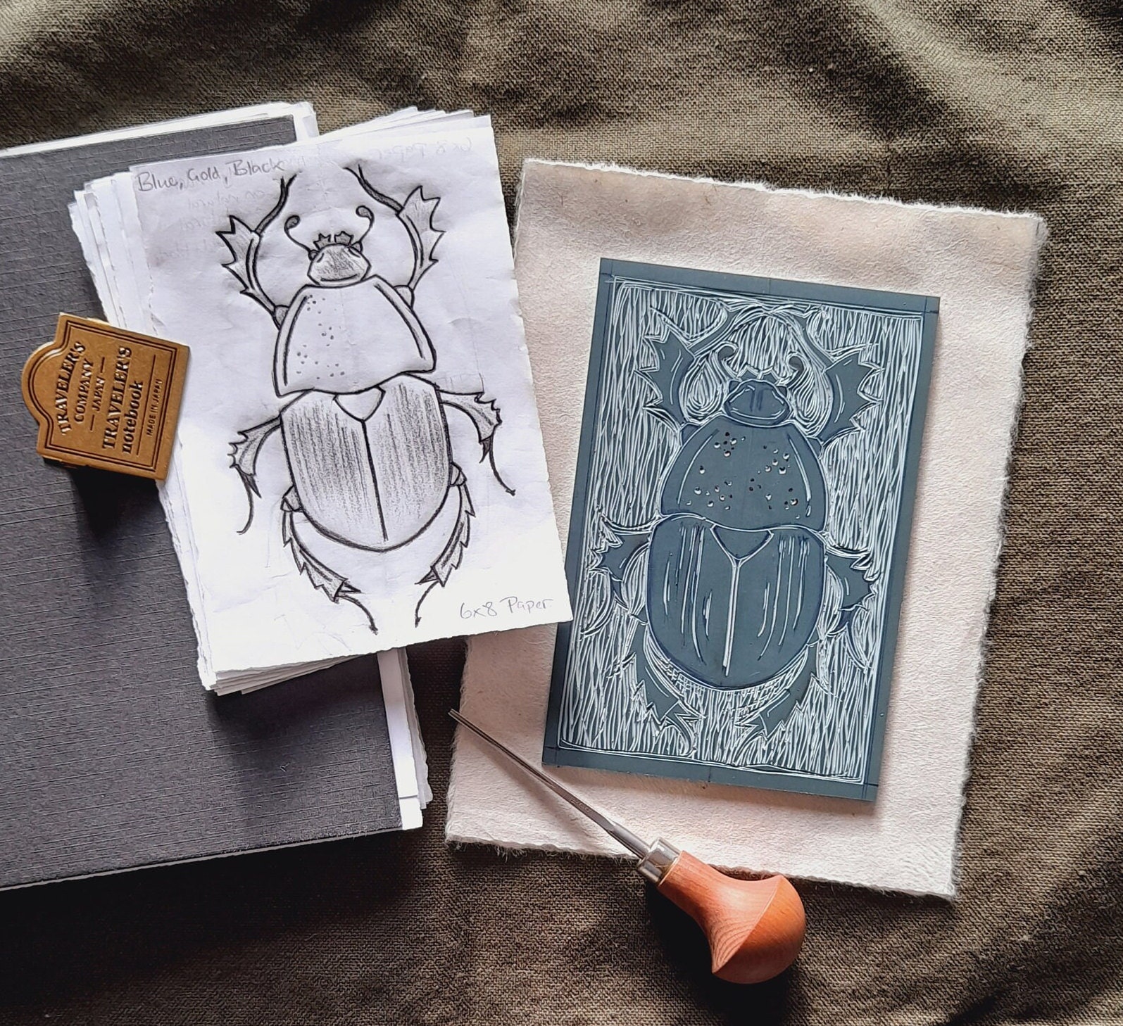 SCARAB Beetle/original Linocut Print/insect Art/egyptian Scarab/blue - Etsy