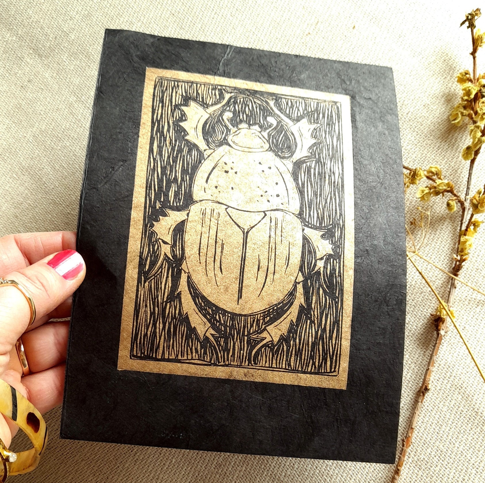 GOLDEN SCARAB Beetle/original Linocut Print/insect Art/egyptian Scarab ...