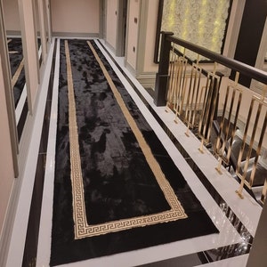 Plush Black Gold Runner Rug, Faux Leather Corridor Rug, Black and Gold ...