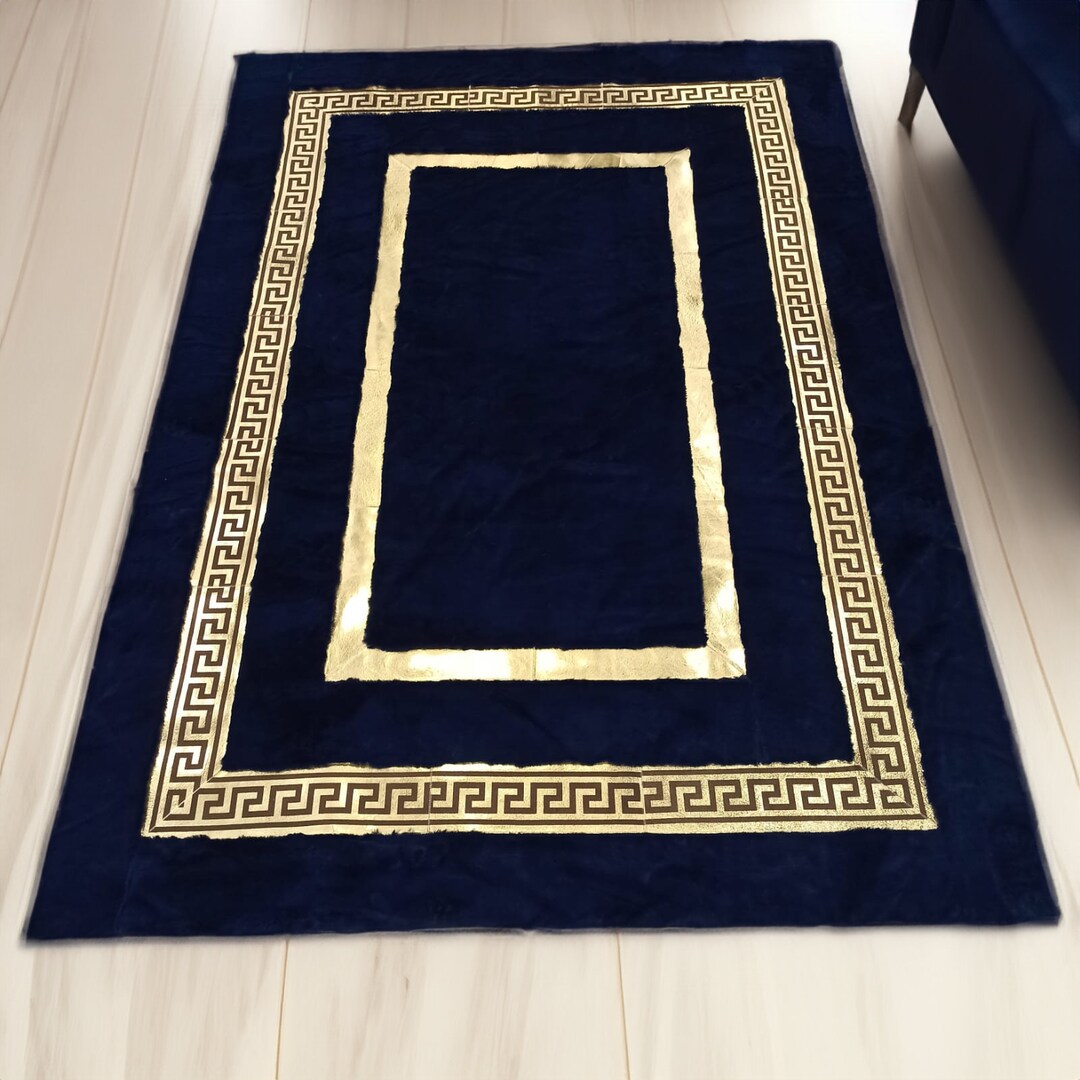 Luxurious Navy Blue Rug With Gold Pattern, Elegant Plush Faux Fur Home ...