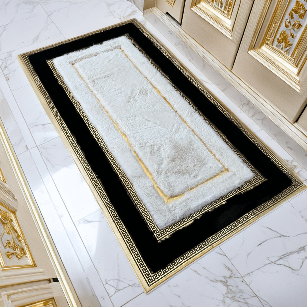 Entryway Geometric Black Gold Plush Area Faux Fur Rug, Elegant Living ...