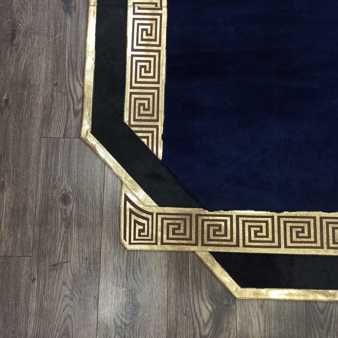 Navy Blue Geometric Plush Area Gold Rug, Faux Fur Living Room Rug Large ...