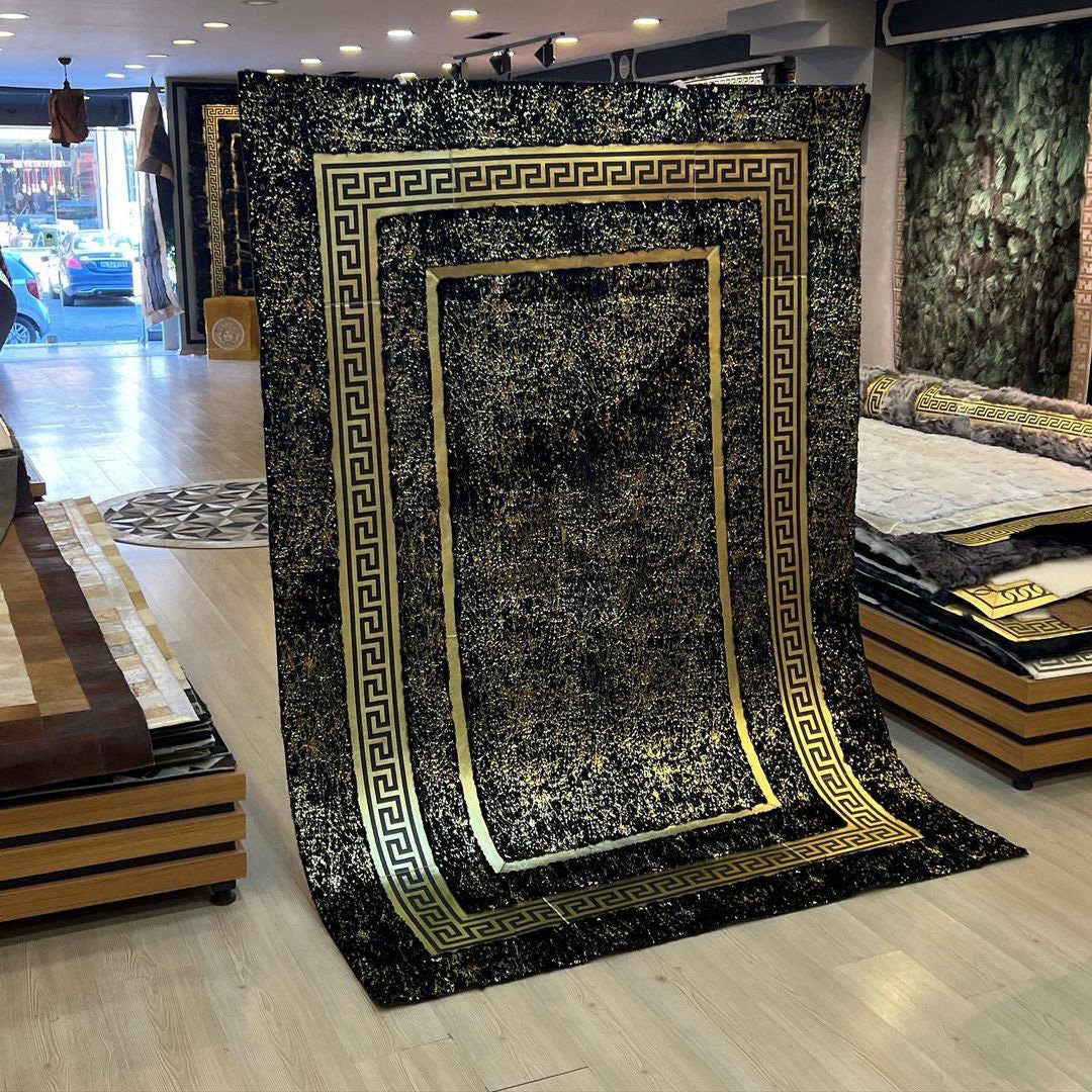 Gold Plush Area Rug, Faux Leather Rug, Living Room Rug Large, Black and ...