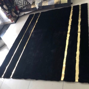 Geometric Black Gold Plush Area Faux Leather Rug, Living Room 8x10 Rug ...