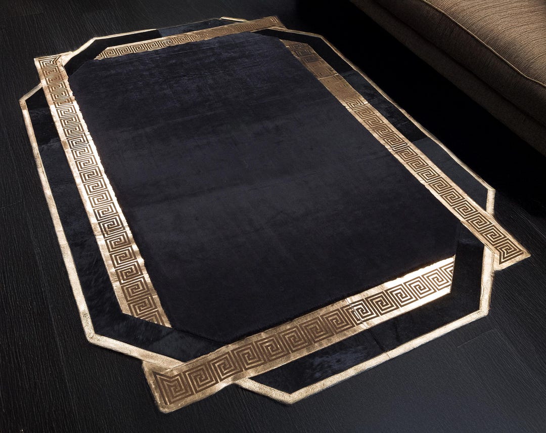 Luxurious Black Rug With Gold Pattern, Elegant Plush Faux Fur Home ...