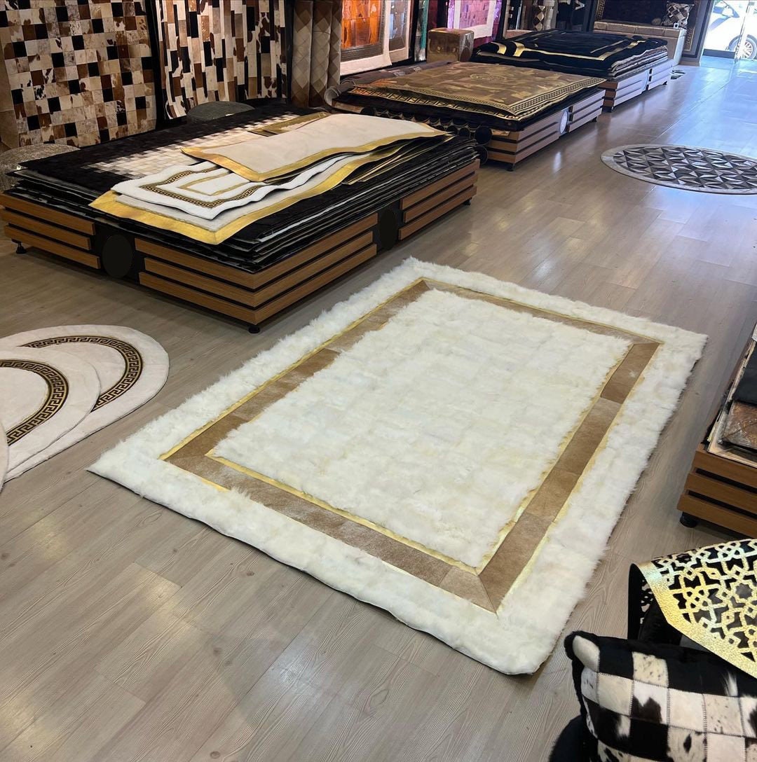 Sheepskin White and Gold Fur Rug, Soft White Gold Floor Fur Wool ...