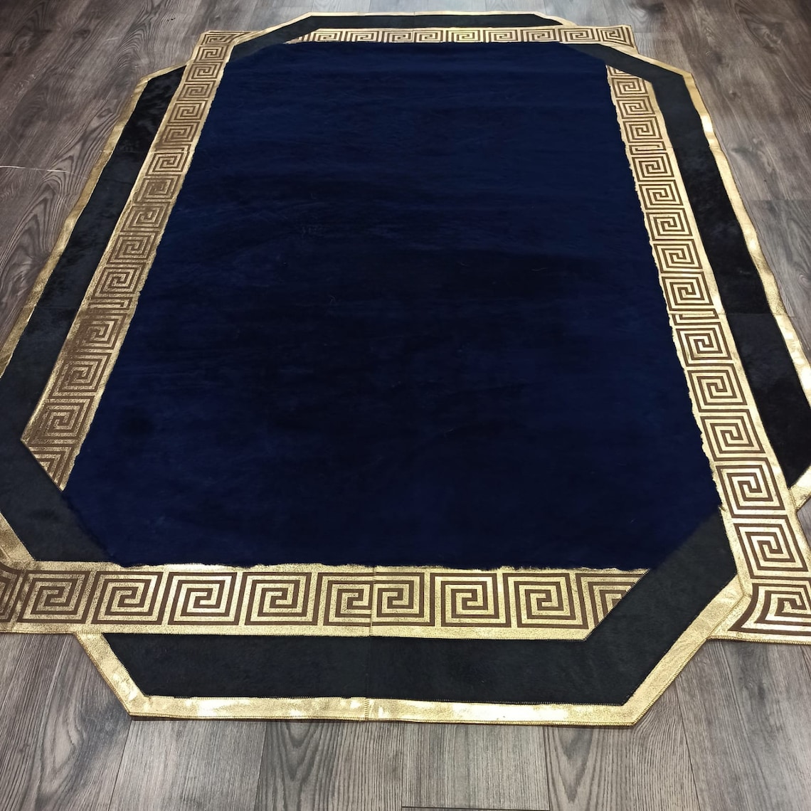 Navy Blue Geometric Plush Area Gold Rug, Faux Fur Living Room Rug Large ...
