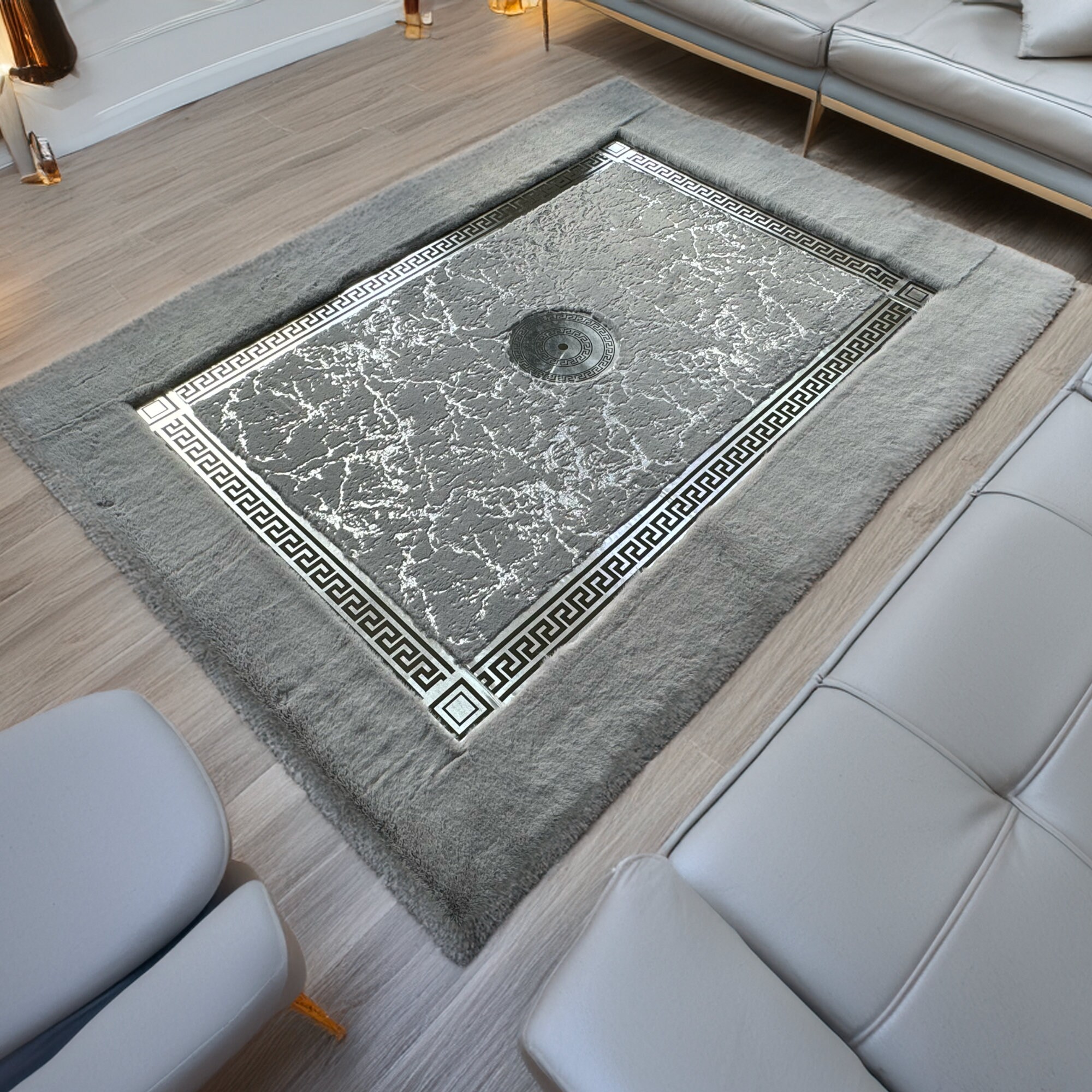 High Quality Geometric Plush Custom Gray Silver Rug, Faux Fur Living ...