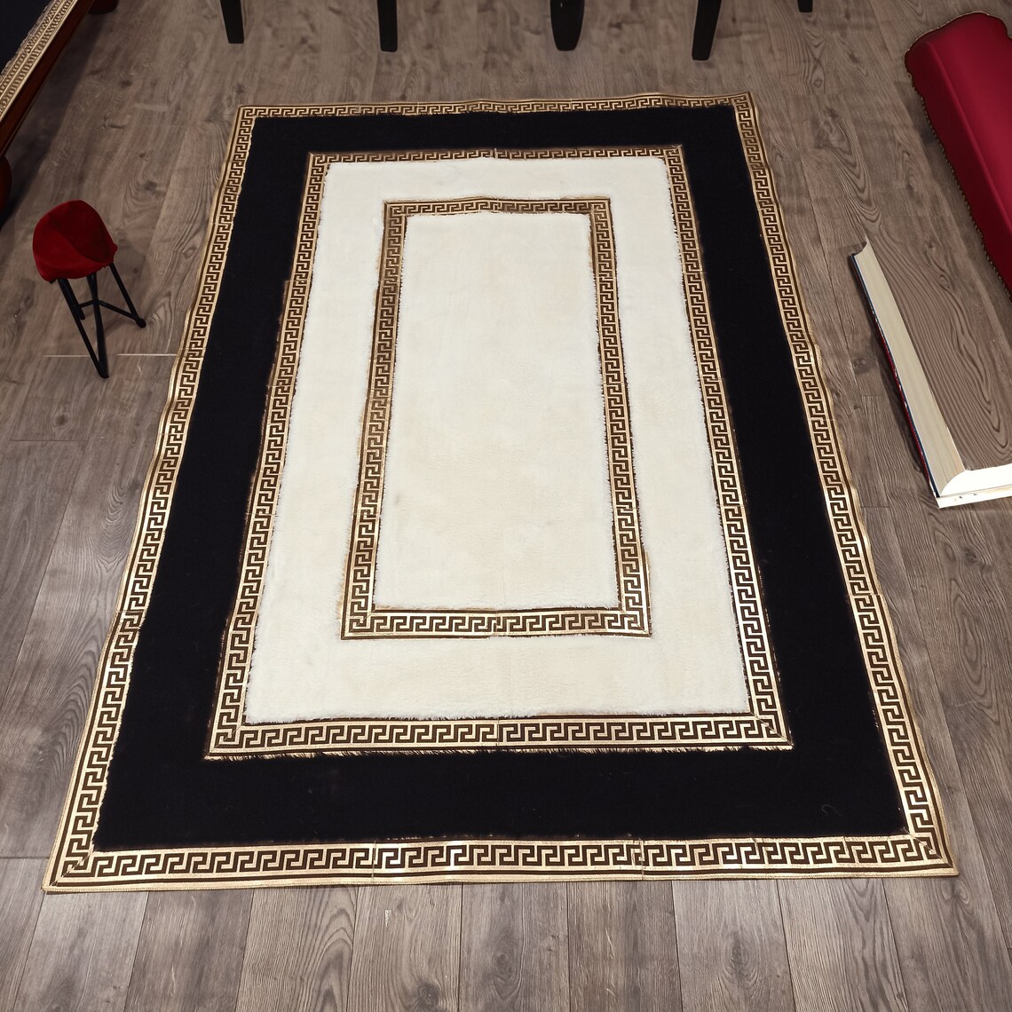 Geometric Plush Area White Black Gold Rug, Faux Fur 8x10 Living Room ...