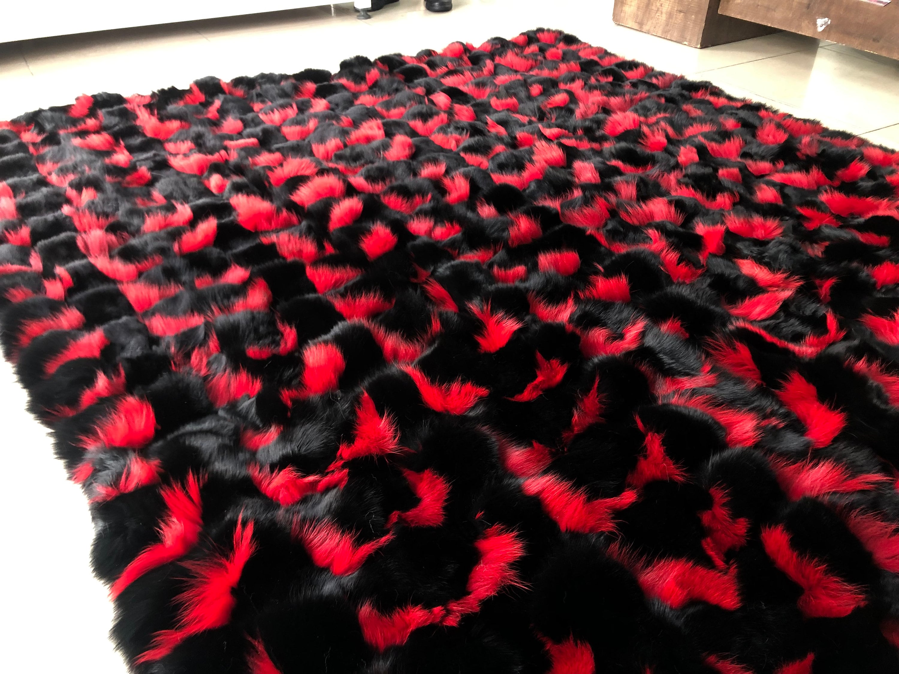 Red Black Fur Wool Square Rug for Living Room, Designer Fluffy Area Rug ...