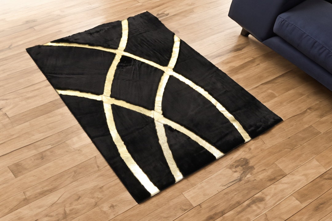 Geometric Plush Area Black Gold Rug, Faux Leather Living Room Custom ...