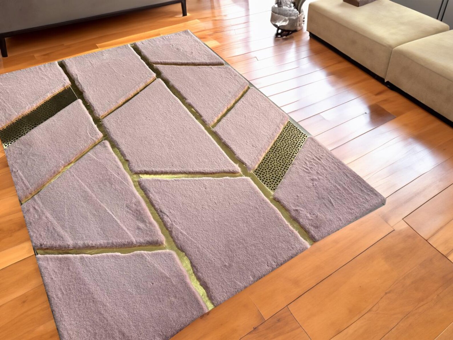 Pink Gold Geometric Plush Furry Entryway Rug, Faux Fur Area Modern ...