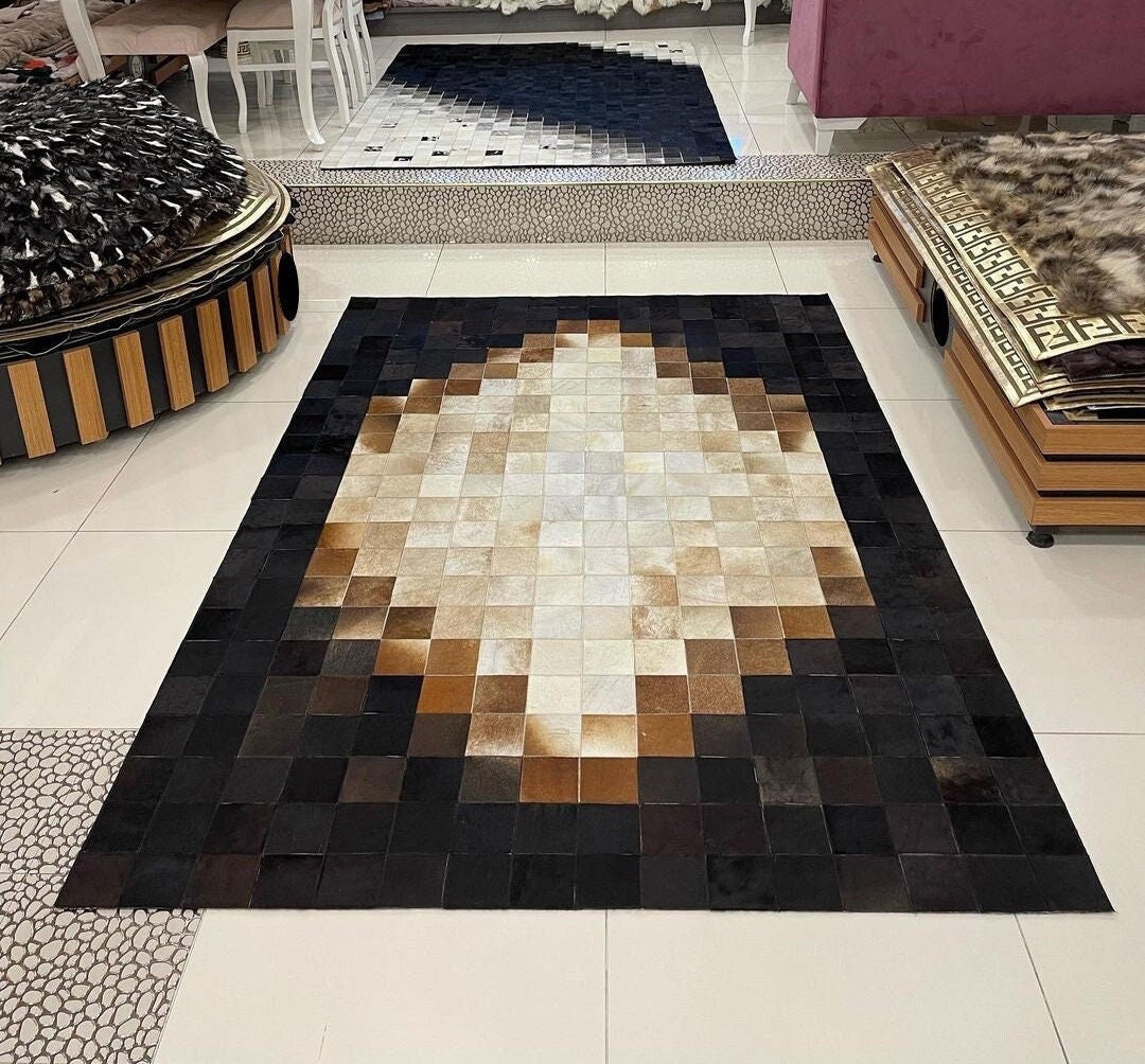 Cowhide Leather Tricolor Patchwork Square Rug for Living Room, Handmade ...