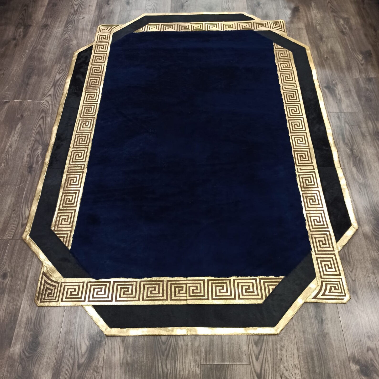 Navy Blue Geometric Plush Area Gold Rug, Faux Fur Living Room Rug Large ...