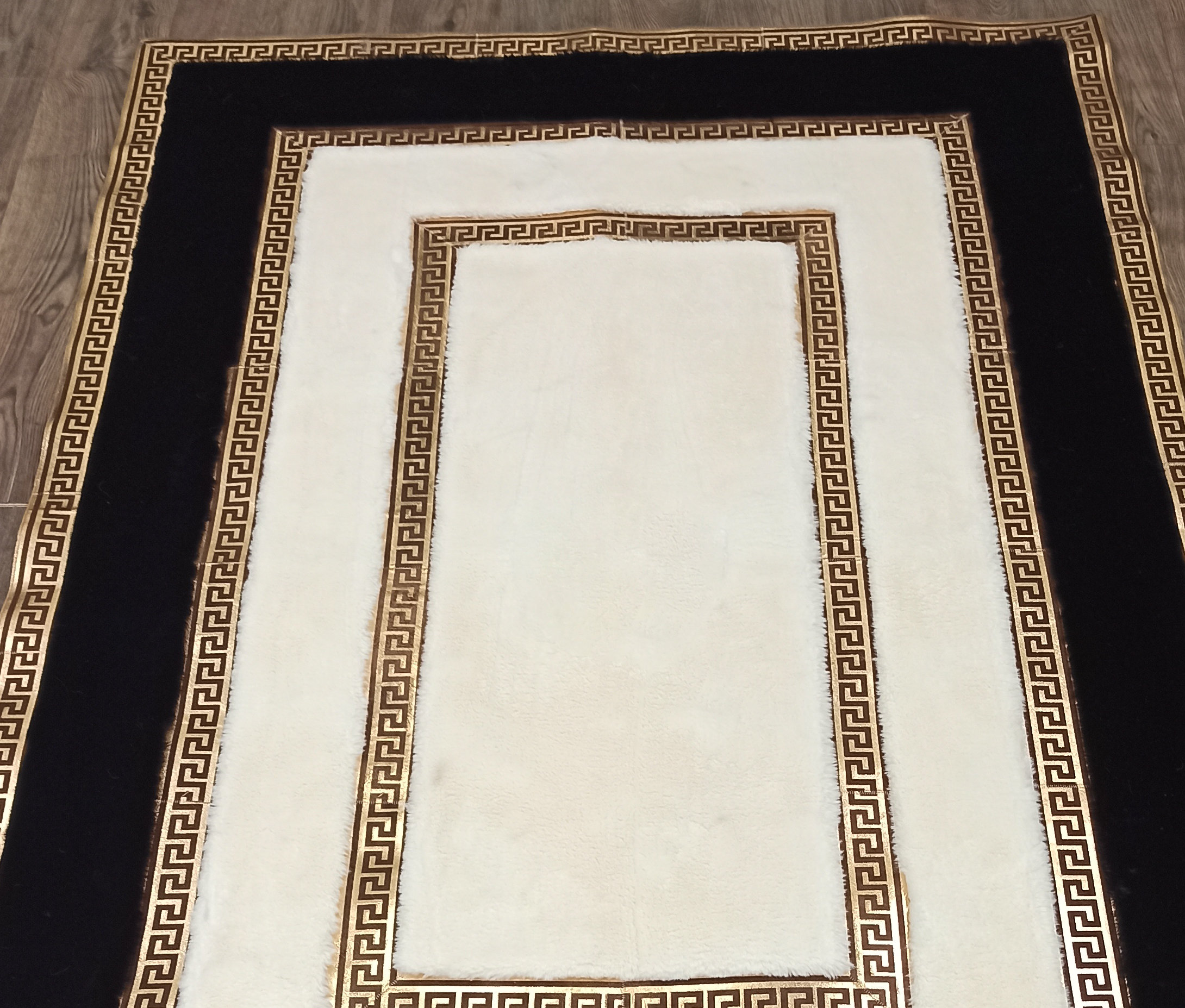 Geometric Plush Area White Black Gold Rug, Faux Fur 8x10 Living Room ...