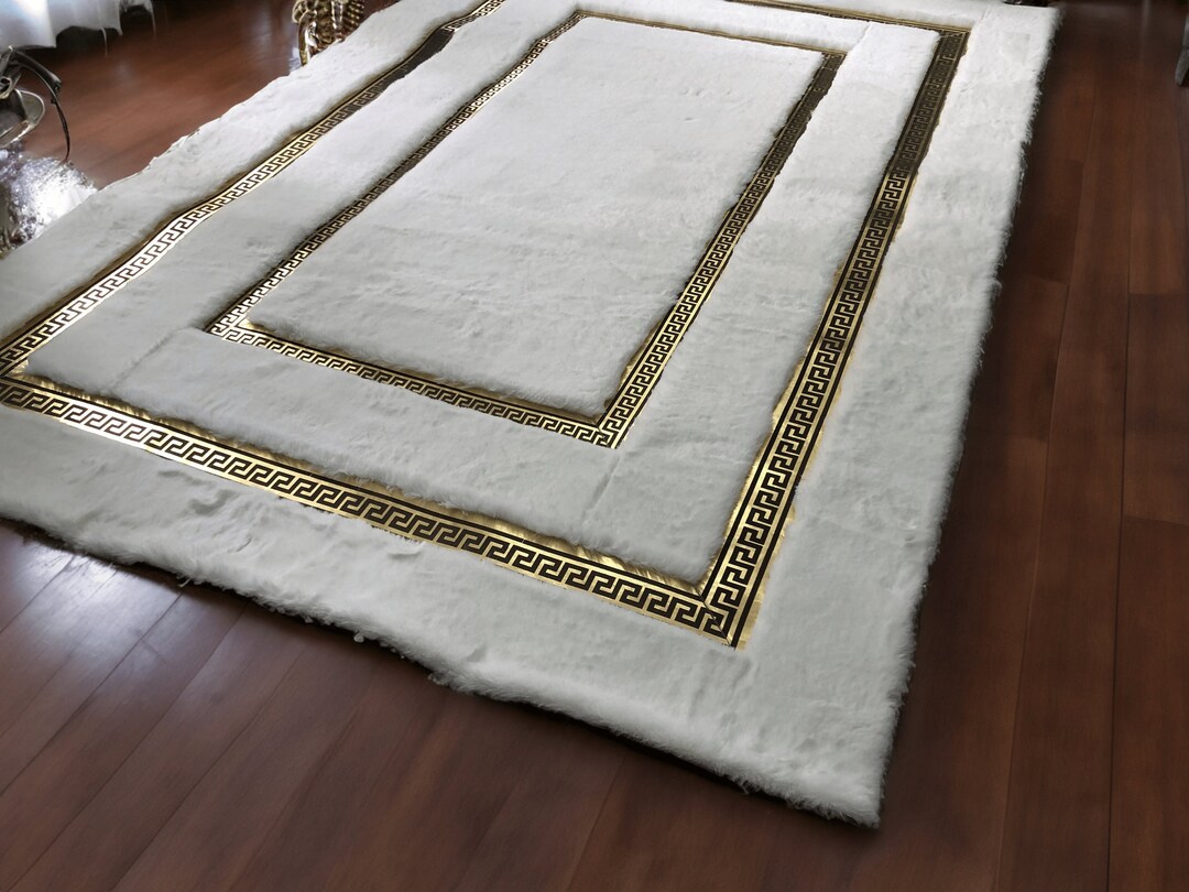 Geometric Plush Area White 8x10 Unique Rug, Faux Fur Living Room Gold ...