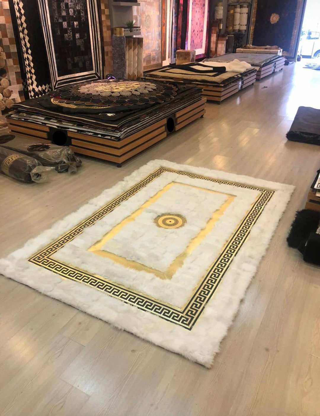 Sheepskin White and Gold Fur Rug, Soft White Gold Floor Fur Wool ...